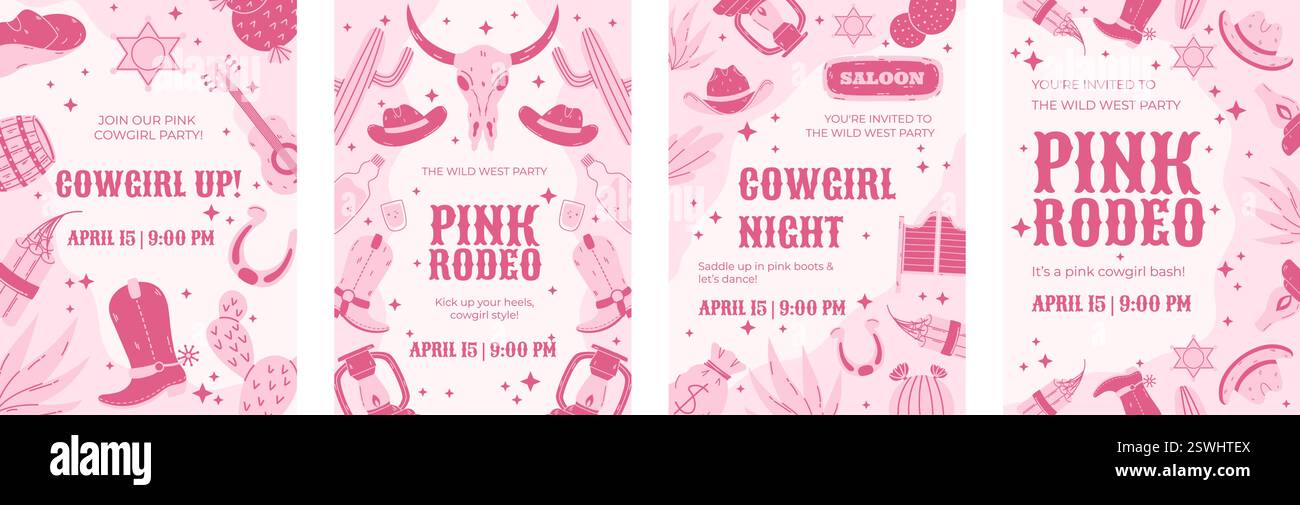 Set of pink Wild West-themed party poster templates with cowboy and ...