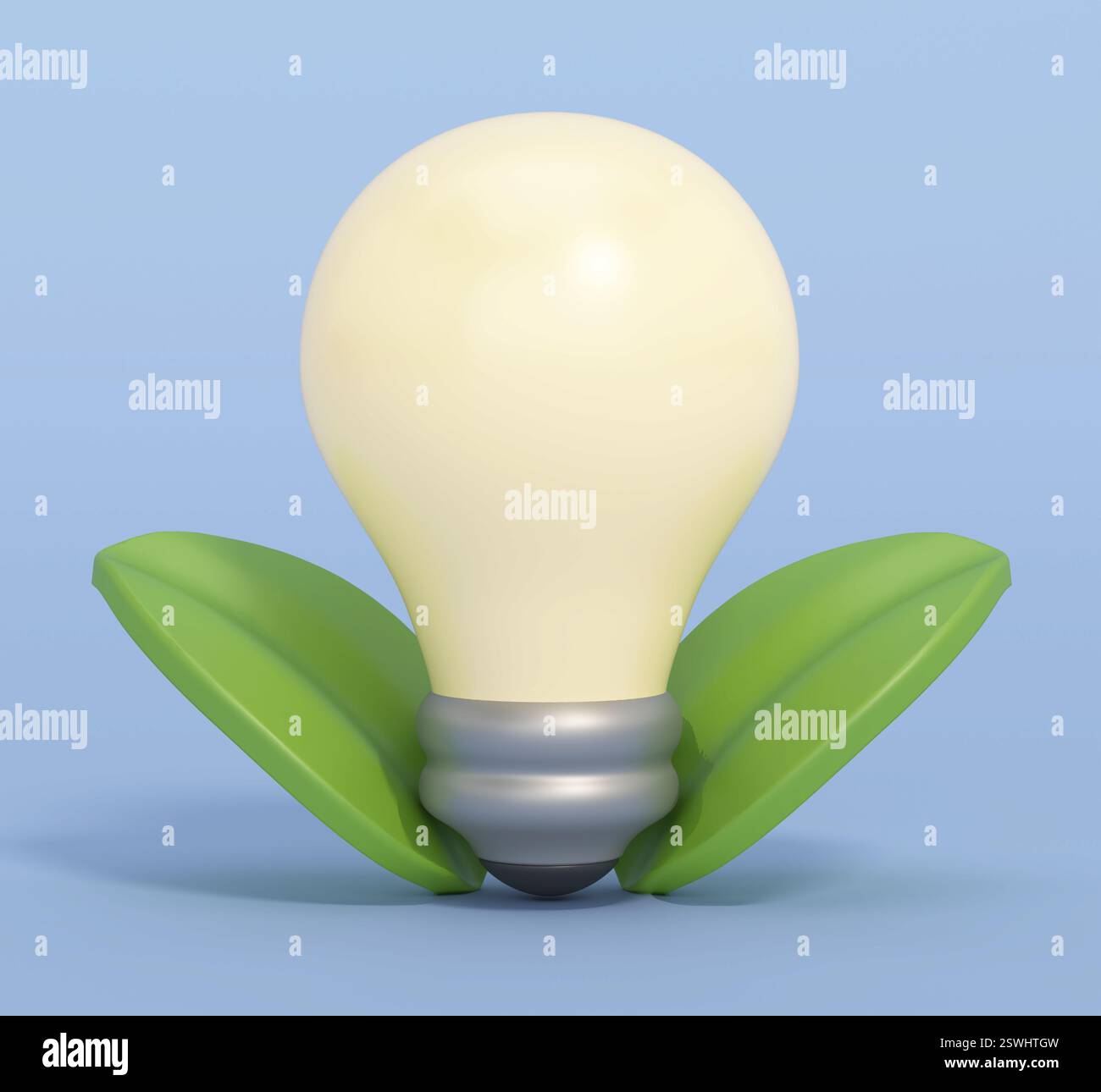 Cartoon lit lightbulb and leaves isolated on blue background. 3D ...