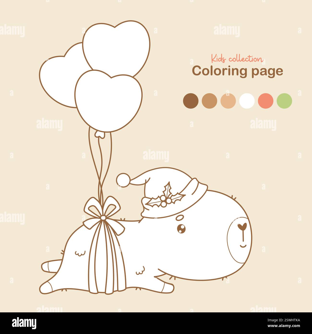 Outline Christmas capybara in Santa hat flies with balloons. New Year ...