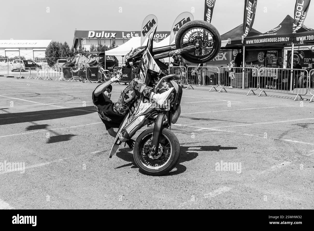 Motorcycle festival in Nicosia. Men performing tricks on motocross ...