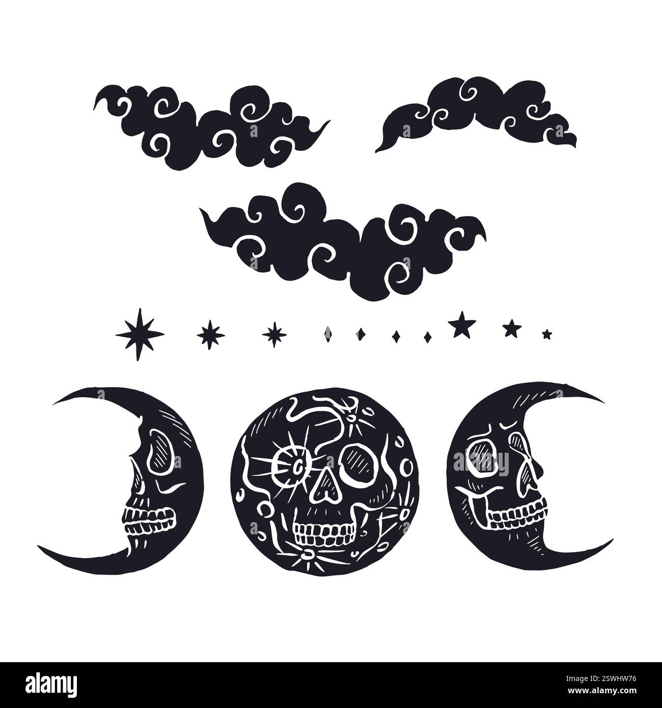 Hand drawn black and white sketchy moons with skull face set isolated ...