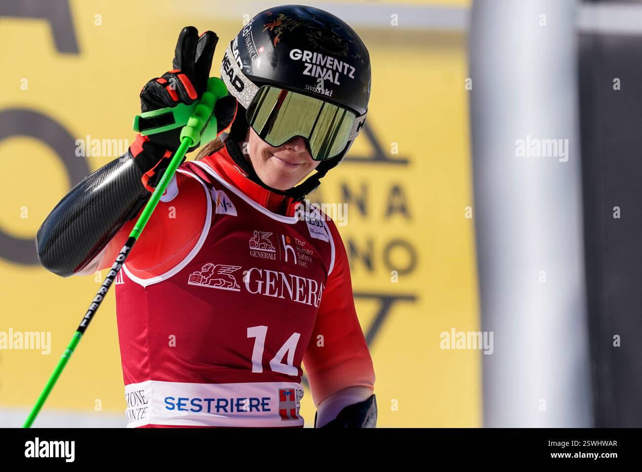 Switzerland's Camille Rast gets to the finish area after completing an ...