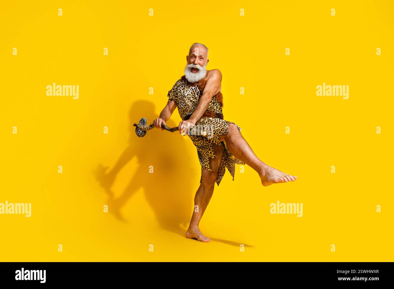 Full length photo of funny funky barbarian guy dressed leopard fur ...