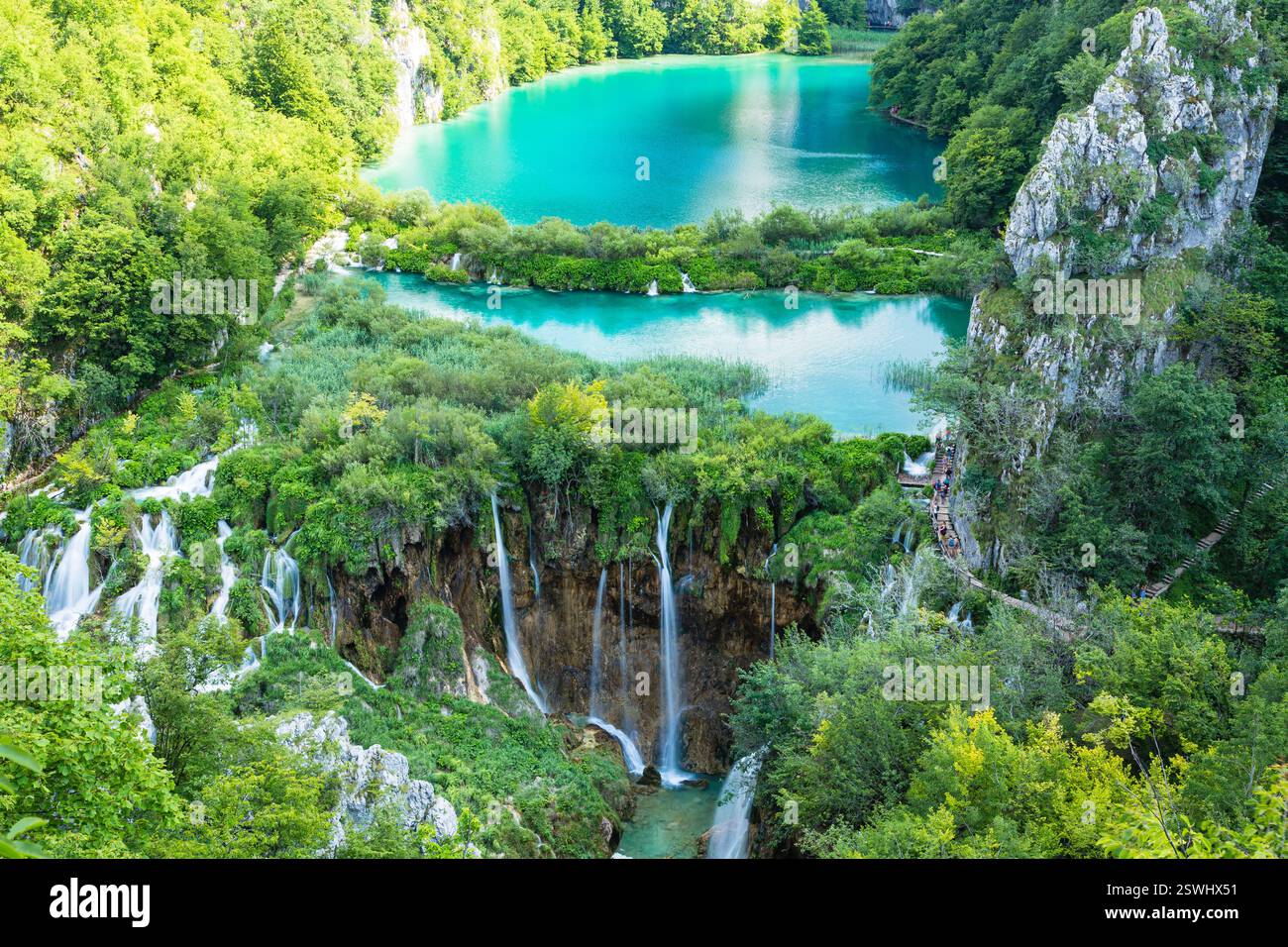 Large lakes and flowing waterfalls in Plitvice Lakes National Park ...