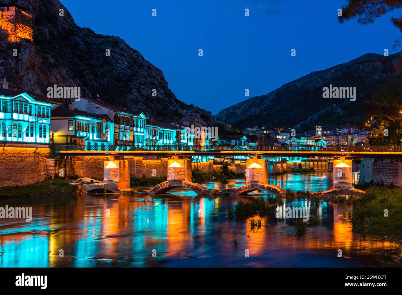 The Yesilırmak River flowing through Amasya and the cityscape of the ...