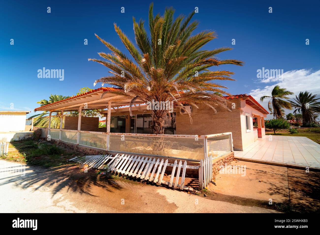 Under the palm trees on a sunny, hot day. Venezuela. Old abandoned ...