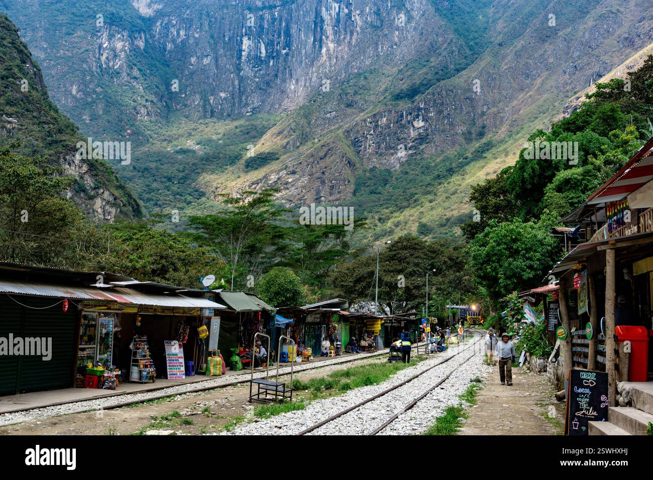 Railway tracks leading to Machu Picchu amidst tropical forest in Peru ...