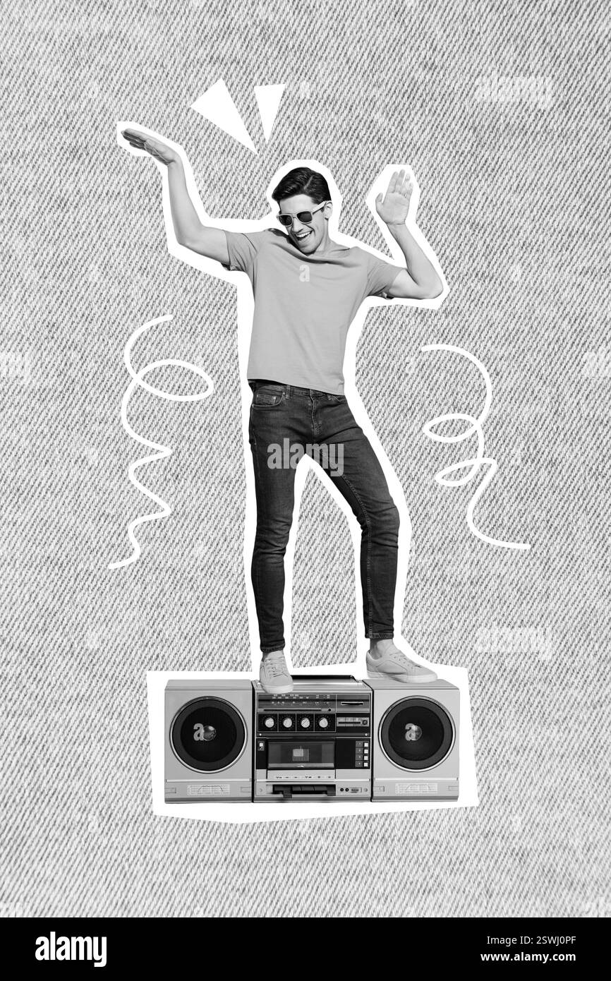 Vertical collage picture of excited mini guy stand huge boombox dancing ...