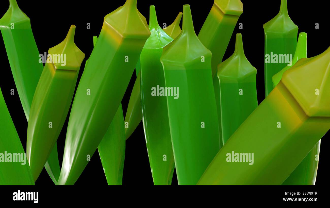 A 3d rendering of close-up, stylized depiction of okra pods, the beauty ...