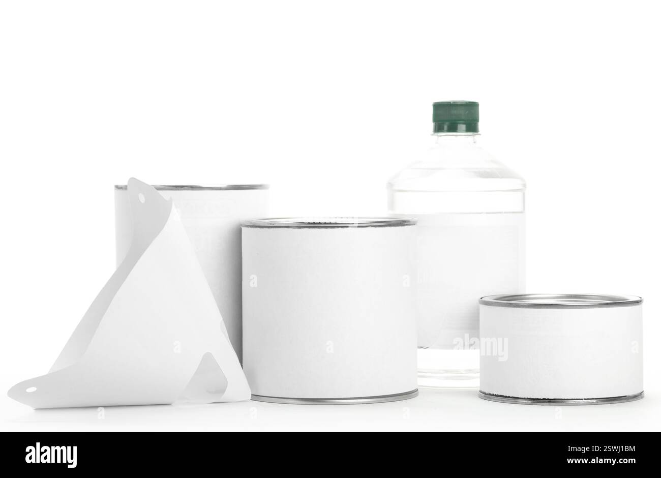 White tin cans with paint isolated on white background, copy space ...