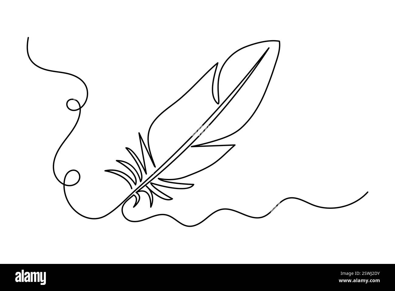 Bird feather one line drawing of minimalist vector icon with black and ...