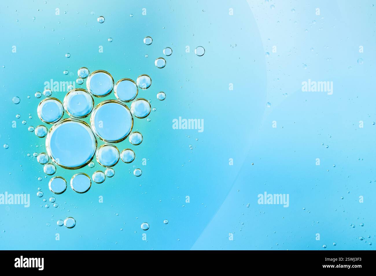 Transparent water bubbles rising in a light blue liquid background. Refreshing, clean photo ...