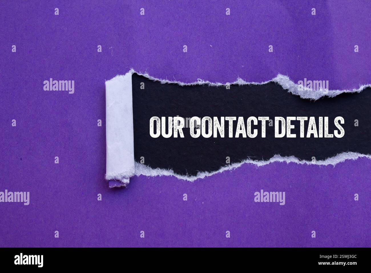 Our contact details message written on ripped torn purple paper on ...