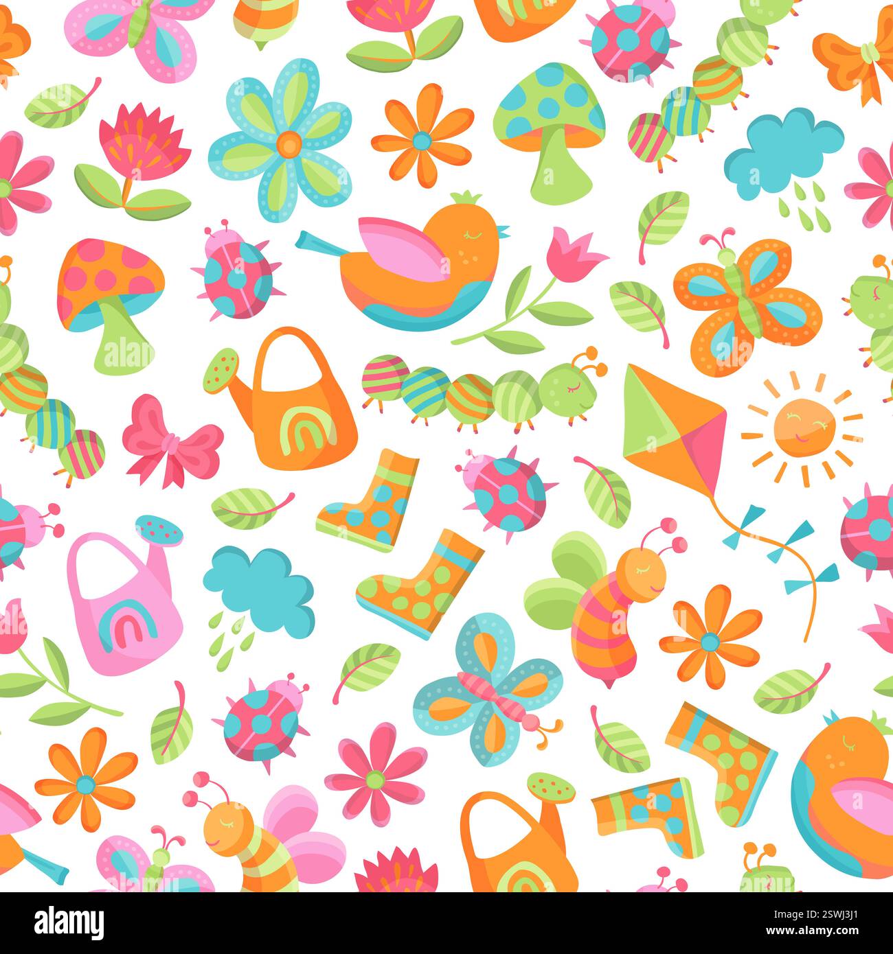 Spring Gardening Cute Colorful Vector Seamless Pattern with Cute Birds ...
