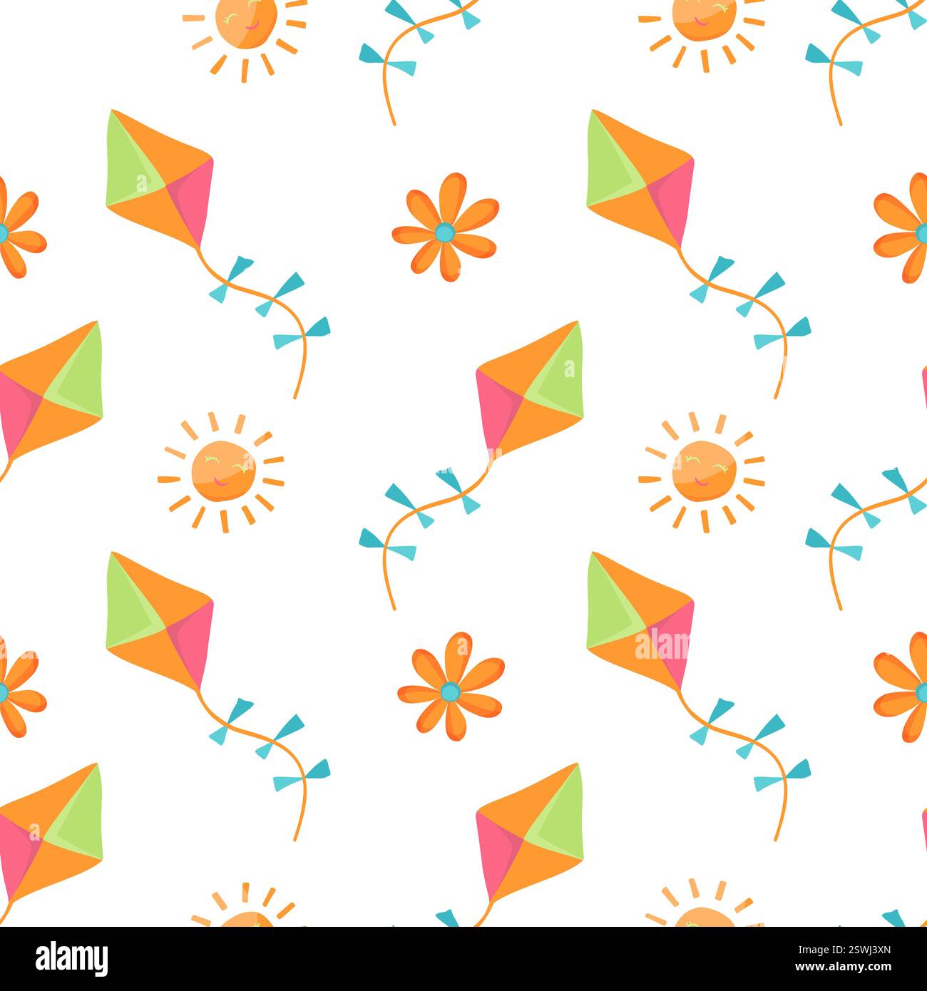 Colorful Kite Pattern with Suns and Flowers on a White Background ...