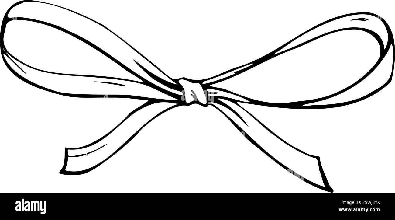 Satin, small, simple bow made of fabric, thin ribbons. Graphic sketch ...