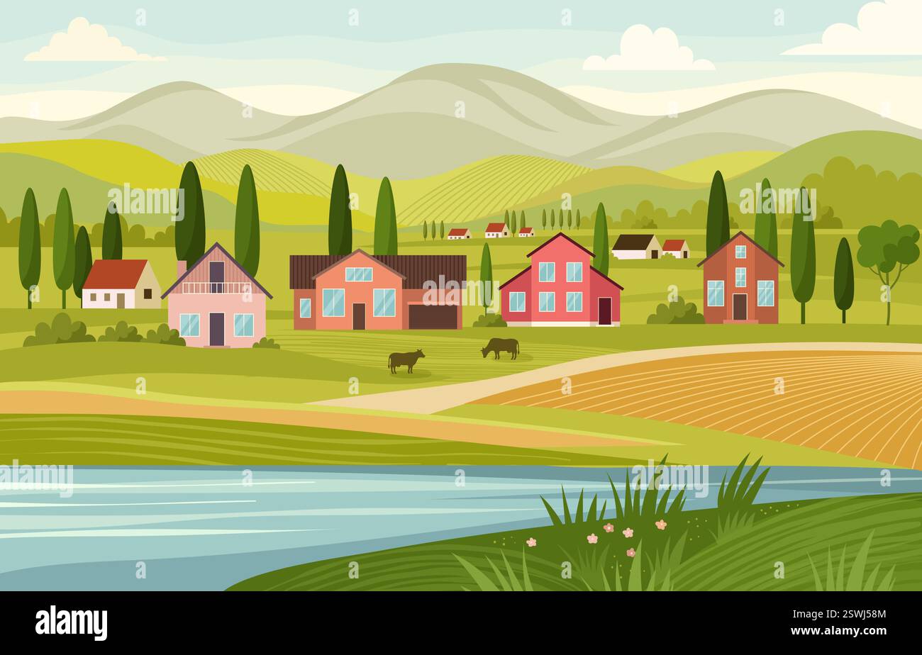 Village background. Rural horizontal landscape with modern residential ...