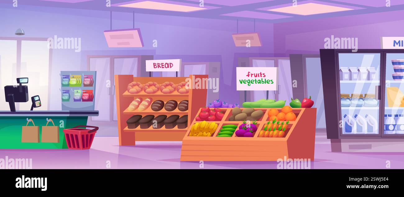 Grocery mall. Interior set of different grocery products in shopping ...