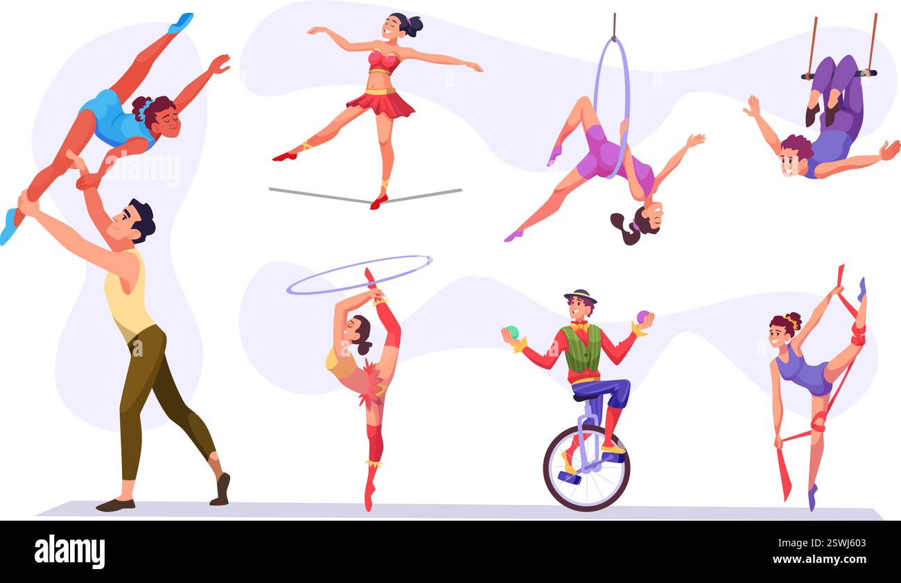 Acrobats. Performance gymnasts circus equilibrists in action poses ...