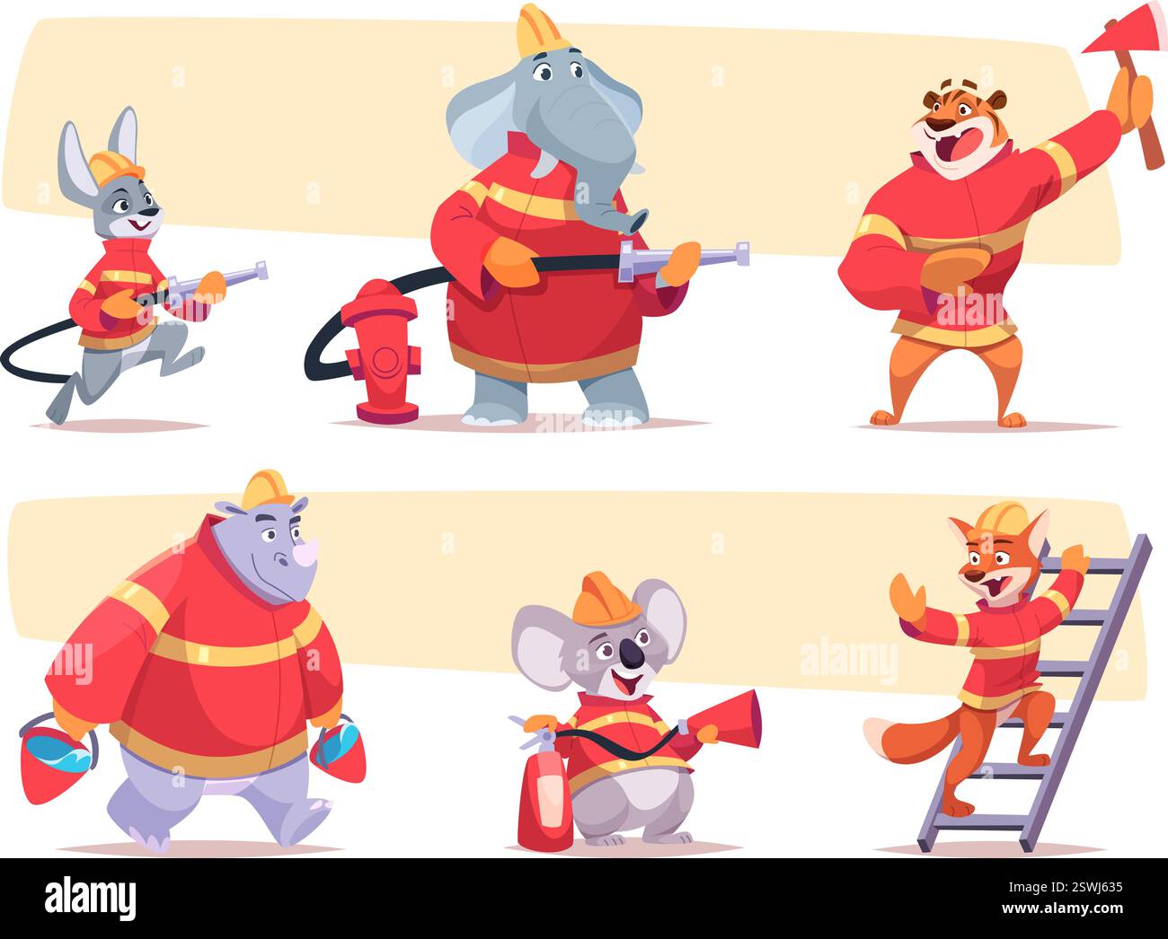 Animals firefighters. Rescue funny characters in action poses exact ...