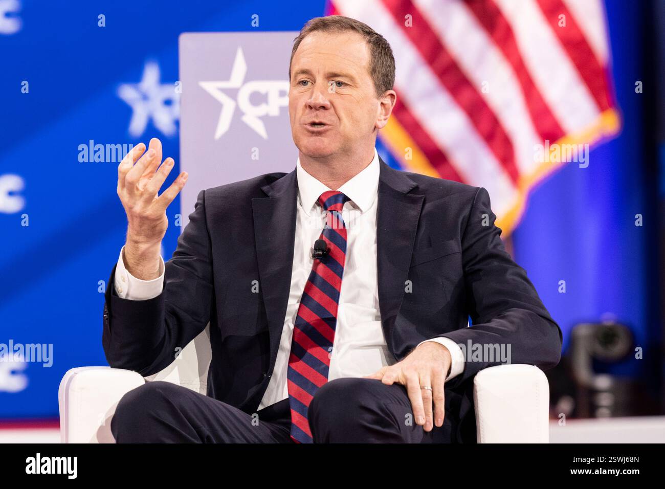 Senator Eric Schmitt of Missouri in conversation with Mike Davis during ...