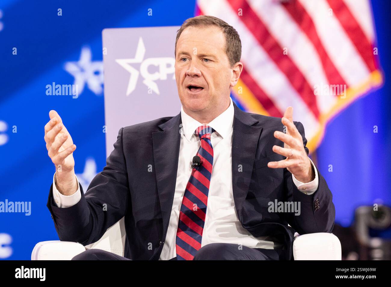 Senator Eric Schmitt of Missouri in conversation with Mike Davis during ...
