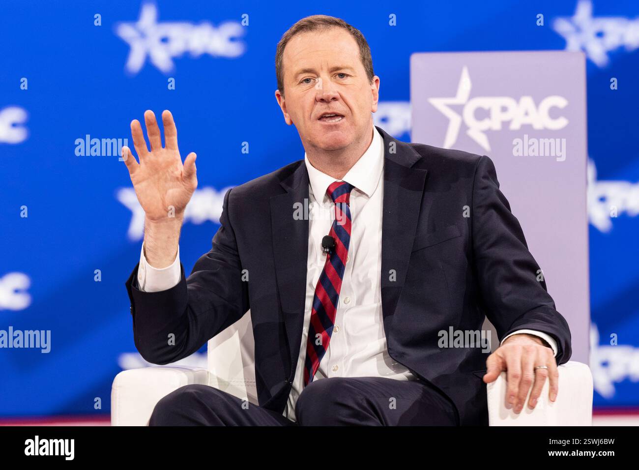 Senator Eric Schmitt of Missouri in conversation with Mike Davis during ...