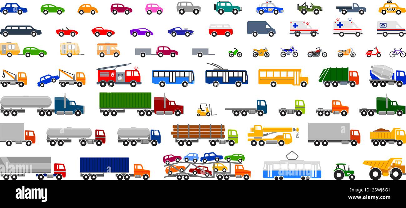 large collection set of simple vehicle colored silhouette side view ...