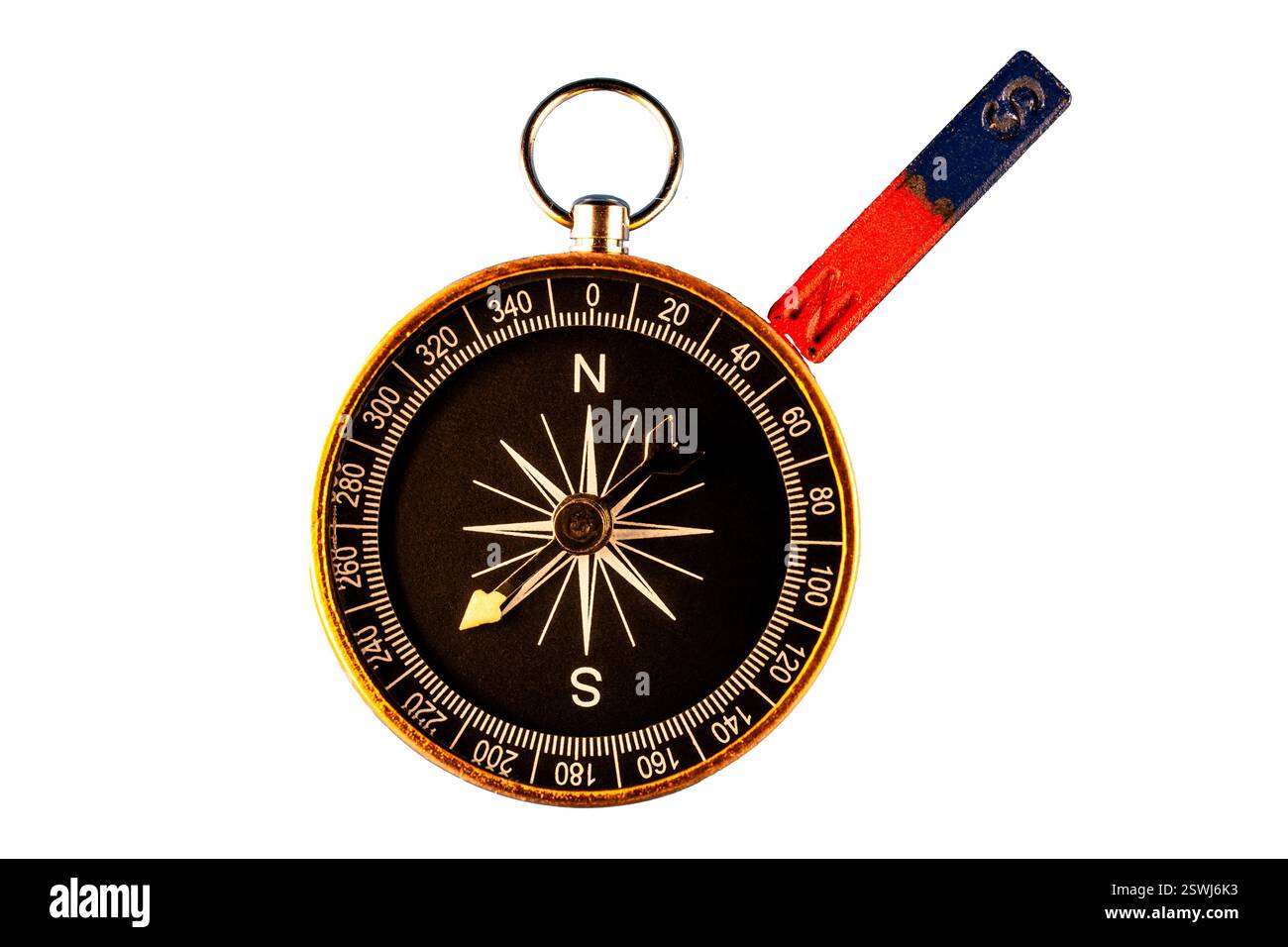 Compass needle affected by bar magnet proximity Stock Photo - Alamy
