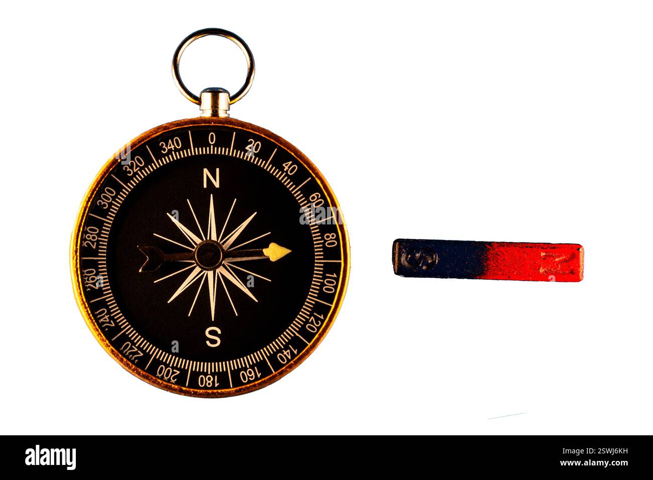 Compass affected by bar magnet on white background Stock Photo - Alamy