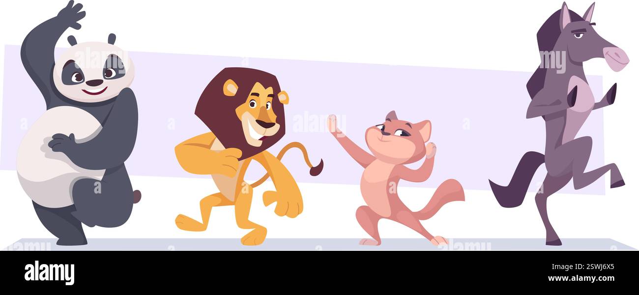 Animal dancing. Happy cartoon zoo characters dancing in action poses ...
