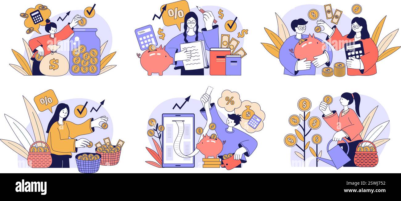 Financial literacy. Conceptual illustrations with characters with money ...