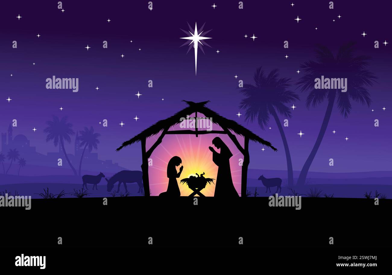 classic christmas nativity birth of jesus christ in stable with star ...