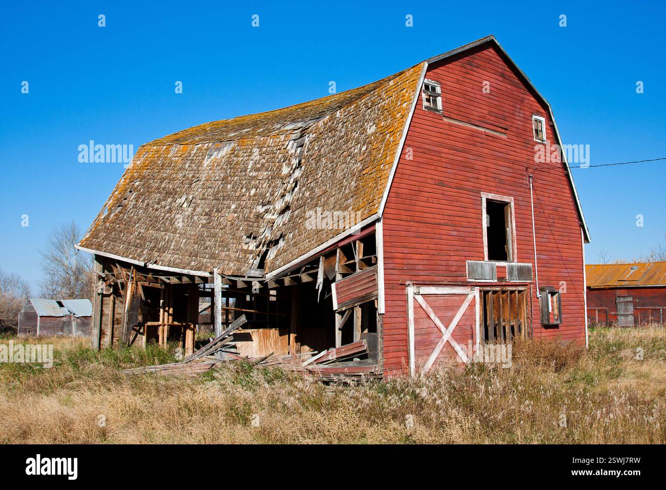 Red barn with a lot of moss on it. The barn is old and has a lot of ...