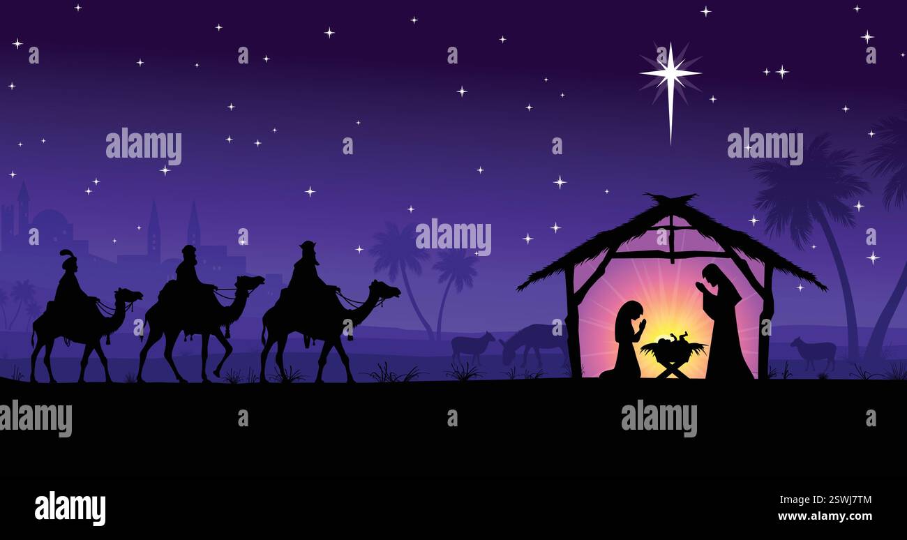 classic christmas nativity birth of jesus christ in stable with 3 wise ...