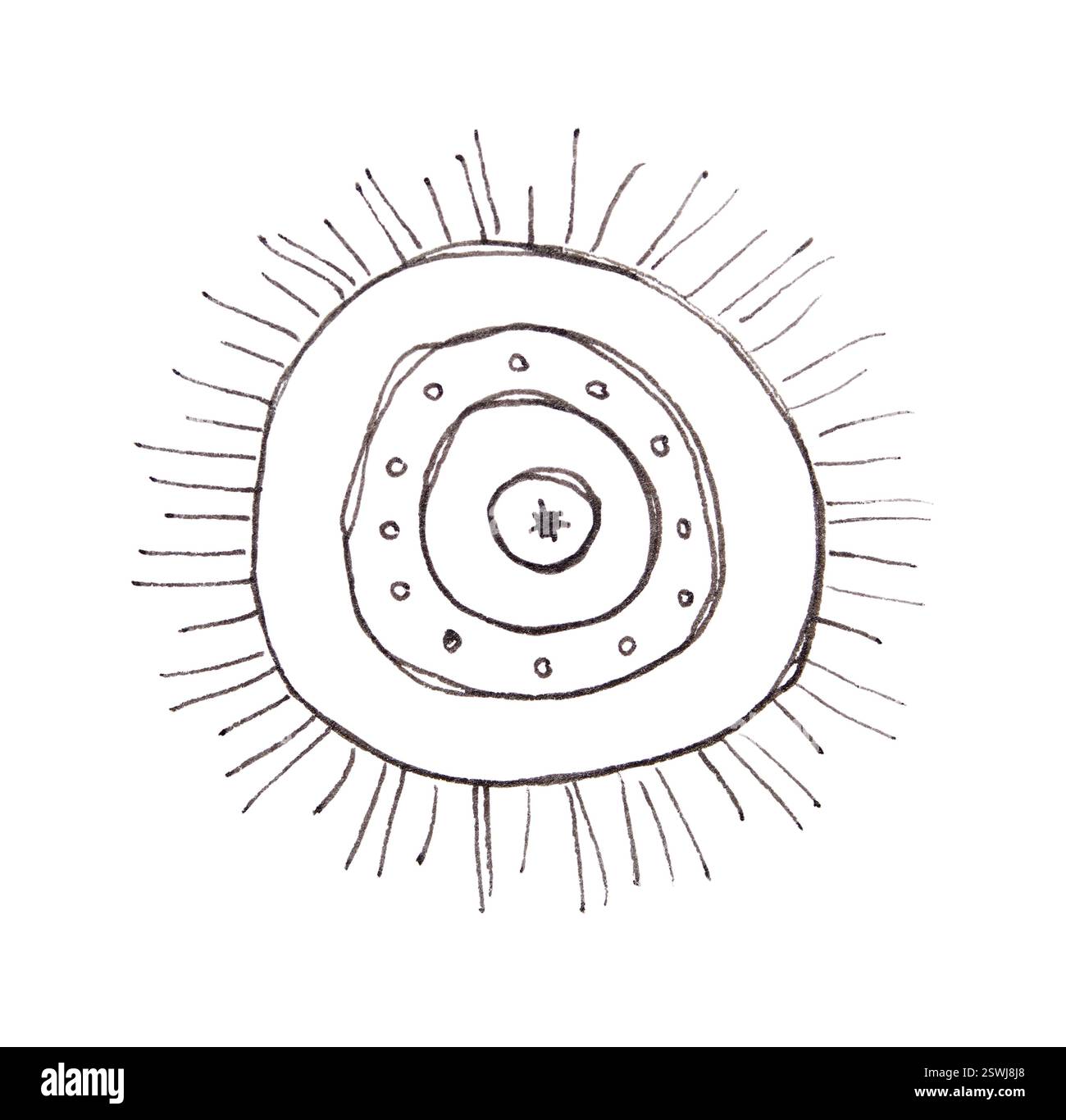 Abstract sun-inspired line art with circular spiral and radiating ...