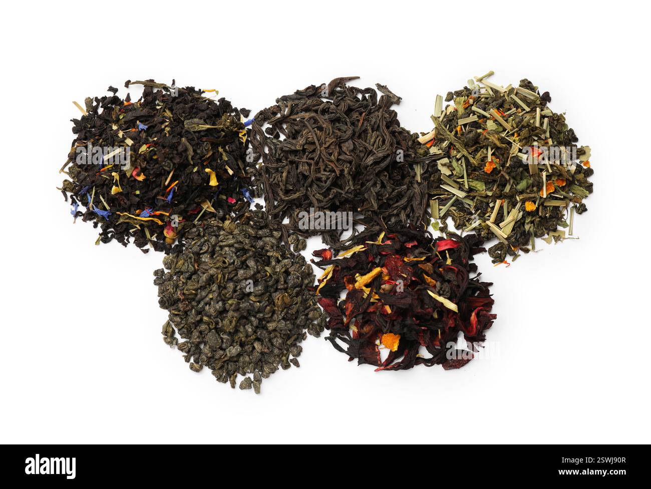 Different types of tea brew isolated on white, top view Stock Photo - Alamy