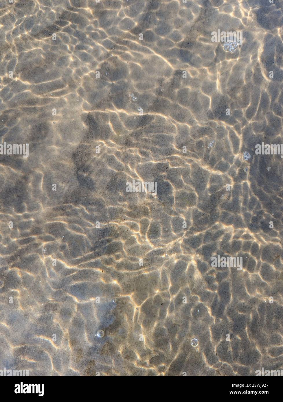 Clear sea water with sunlight reflections and visible sand beneath ...