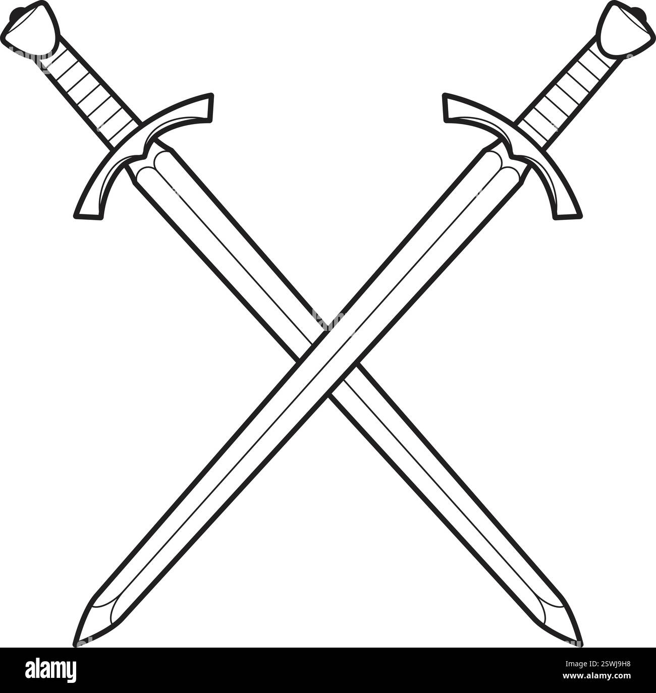 classic medieval european twin crossed swords line drawing heraldry ...