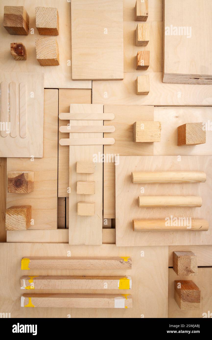 Flat lay of various wood and plywood pieces. Carpentry background Stock ...