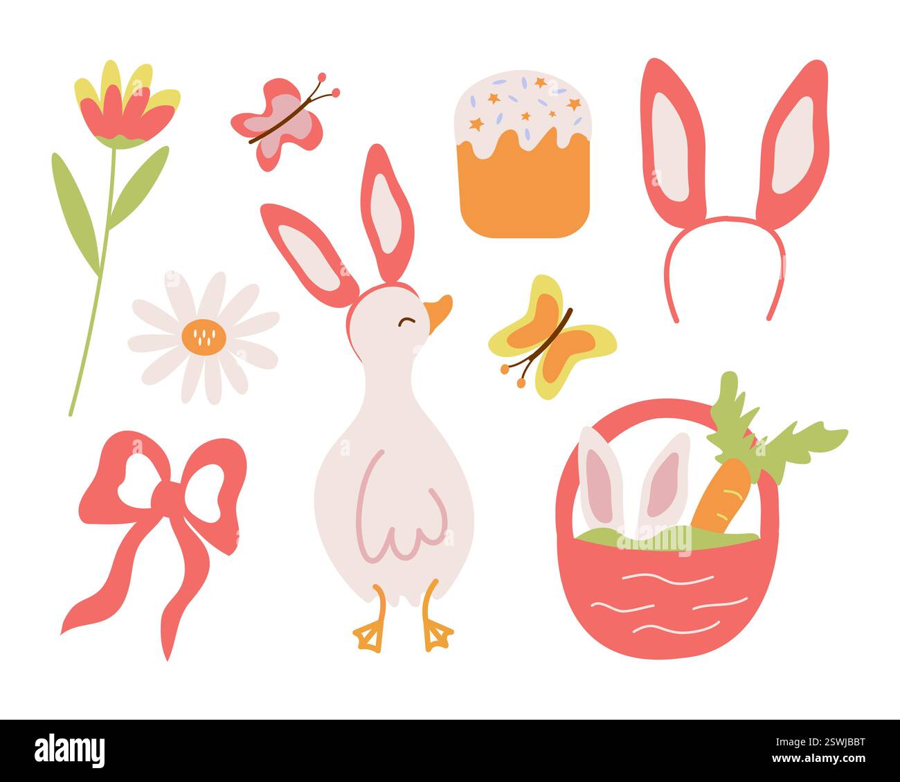 A spring set of Easter design elements, a goose character with rabbit ...