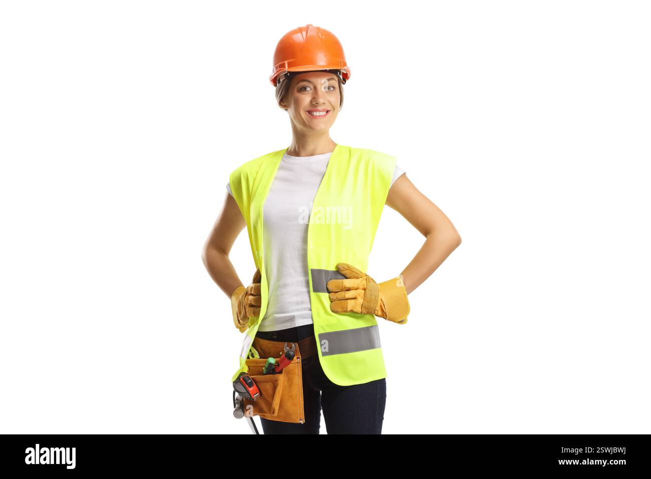 Female construction worker wearing a helmet and a tool belt isolated on white background Stock ...