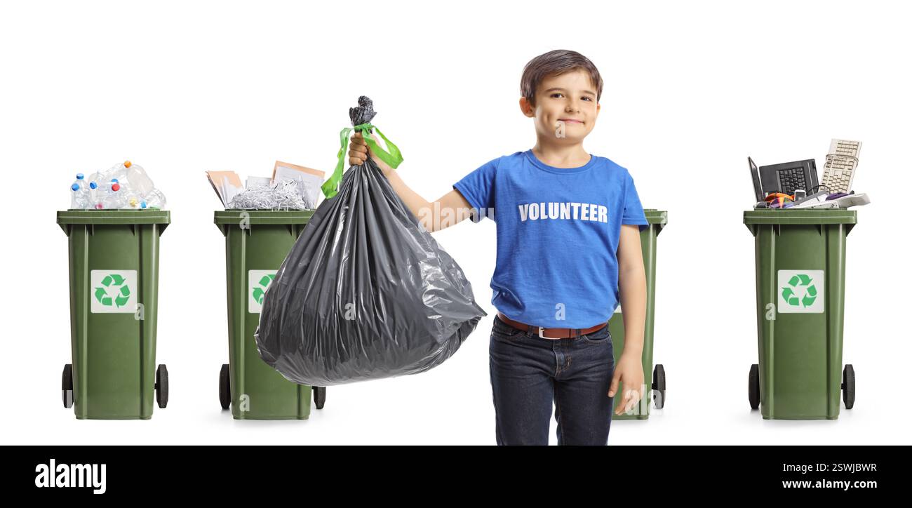Child volunteer with recycle bins holding a waste bag isolated on white ...