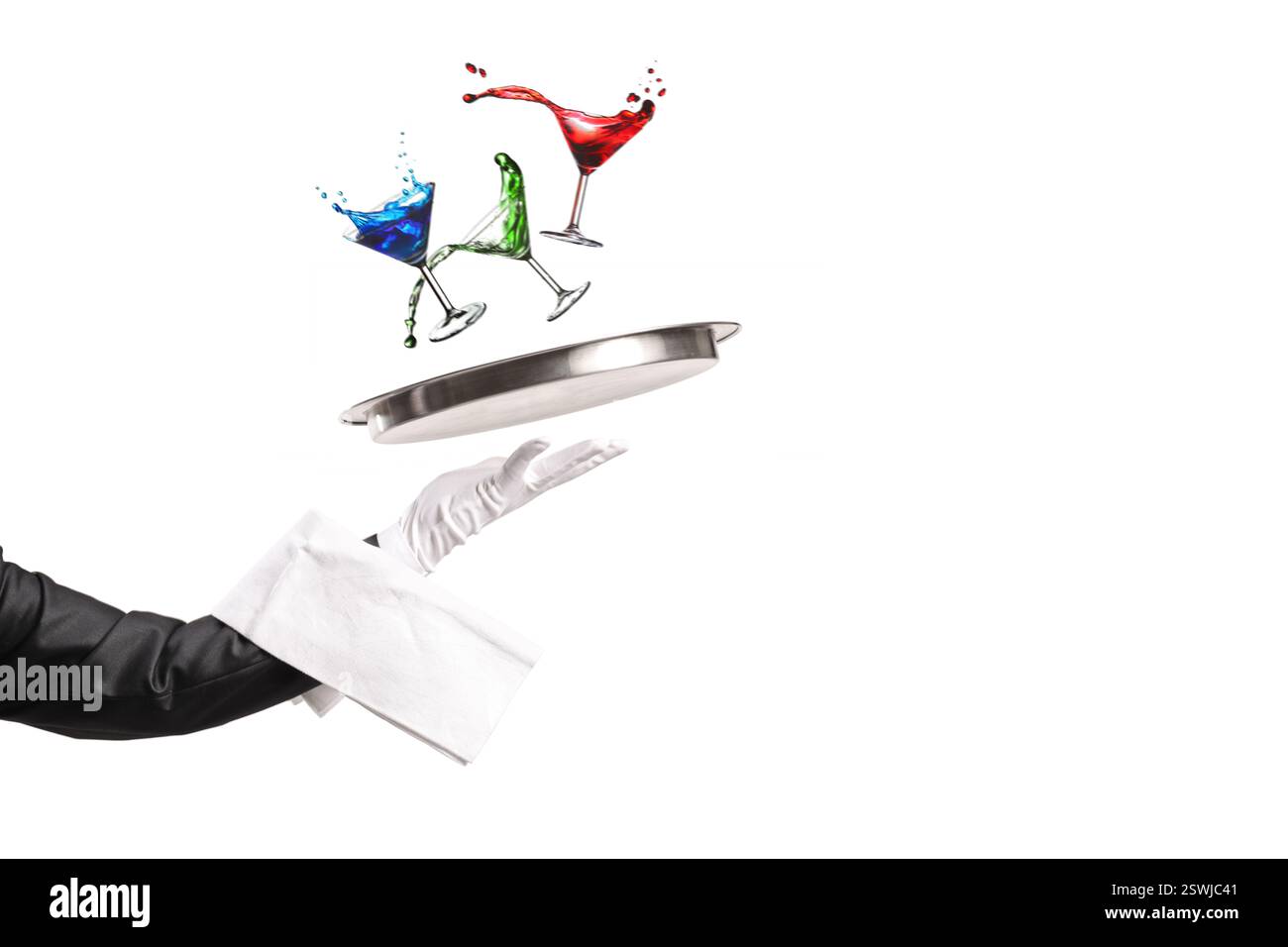 Server holding cocktail glasses falling from a tray with spilled liquid ...