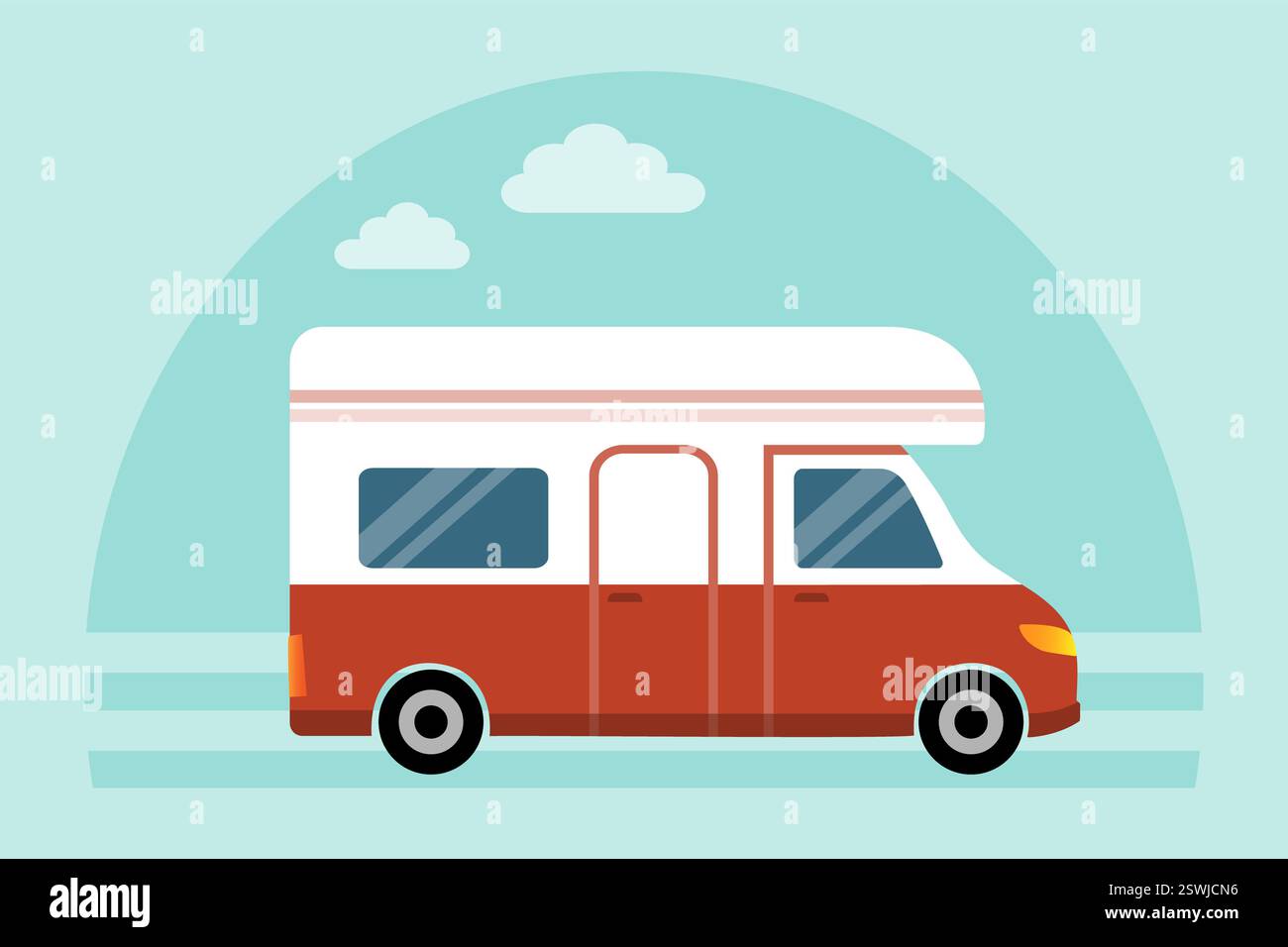 Retro camper with alcove, mobile home, road trip Stock Photo - Alamy
