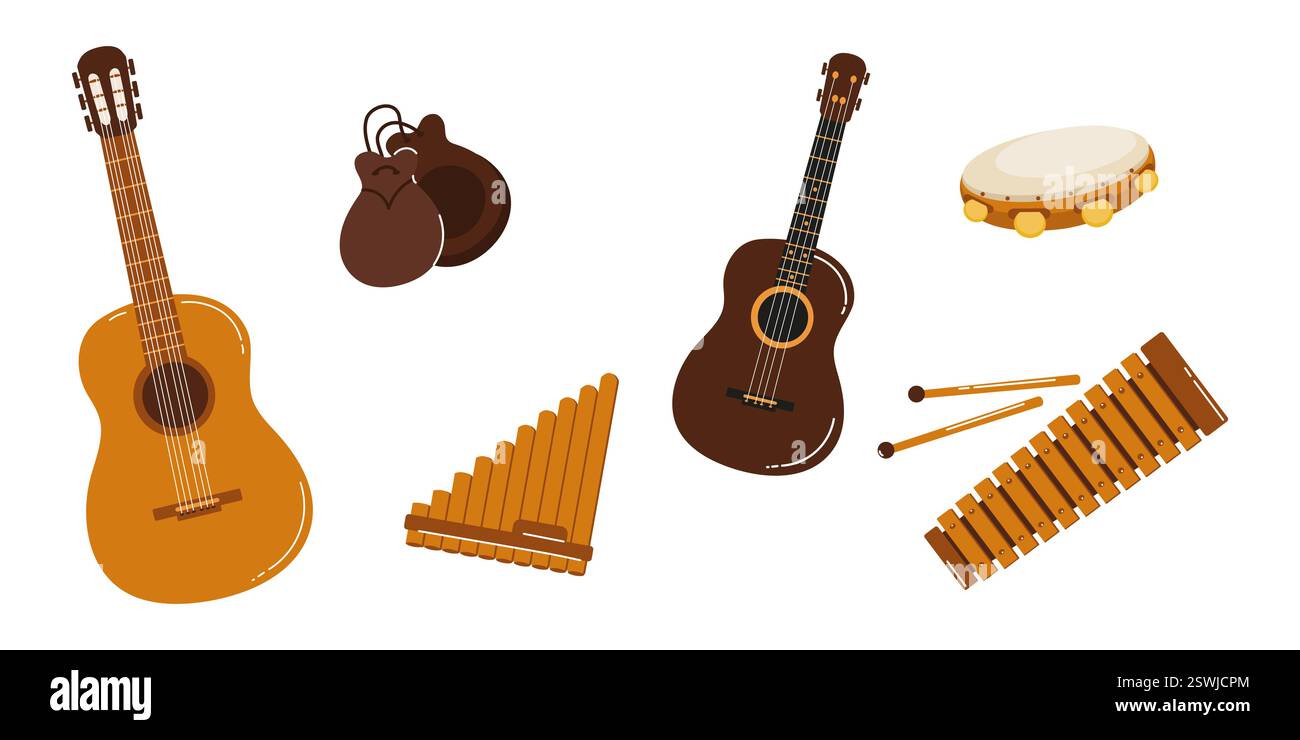 A collection of musical instruments including guitars, percussion ...