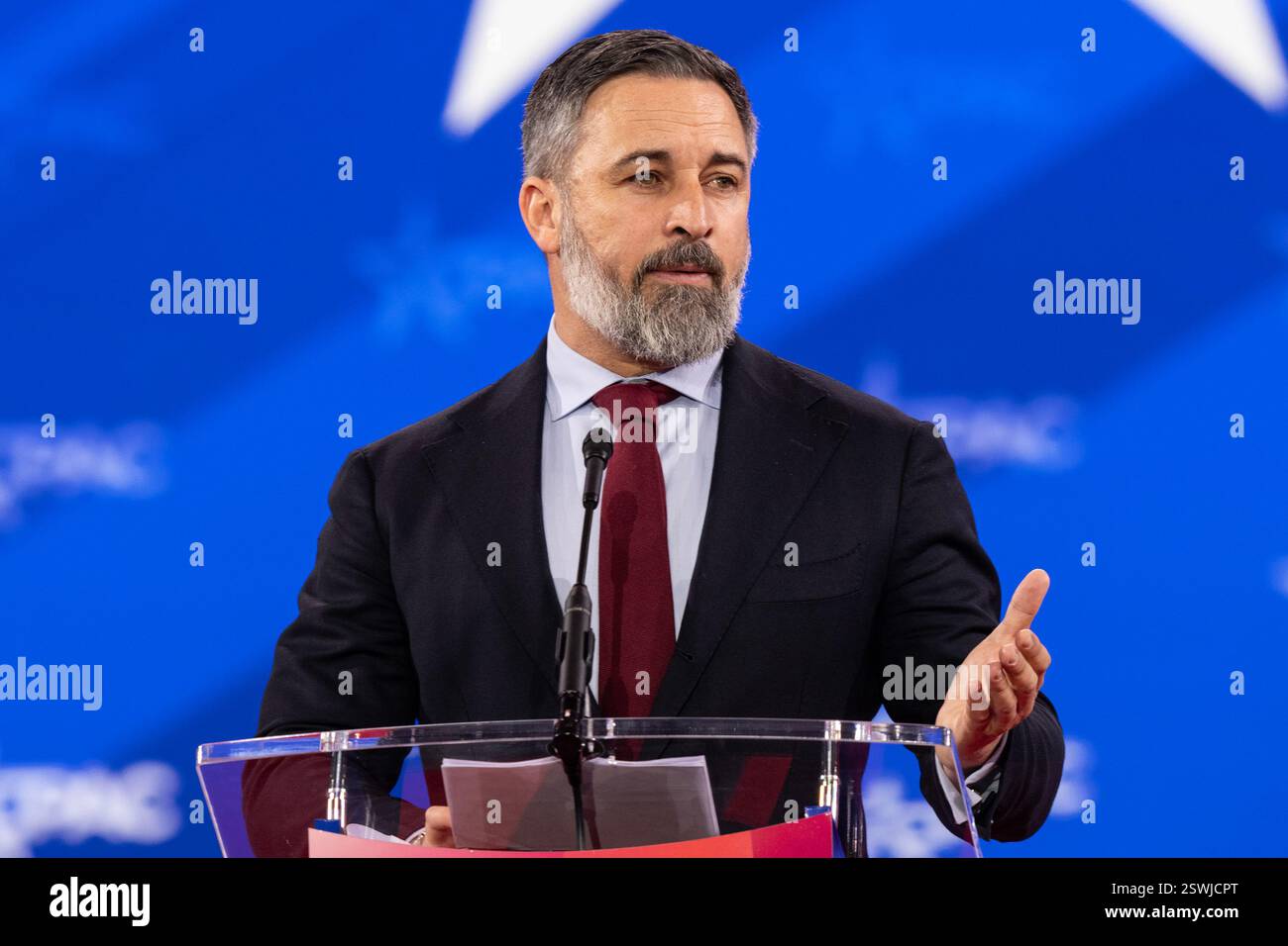 Santiago Abascal Conde, leader of Vox party speaks during 2025 CPAC ...
