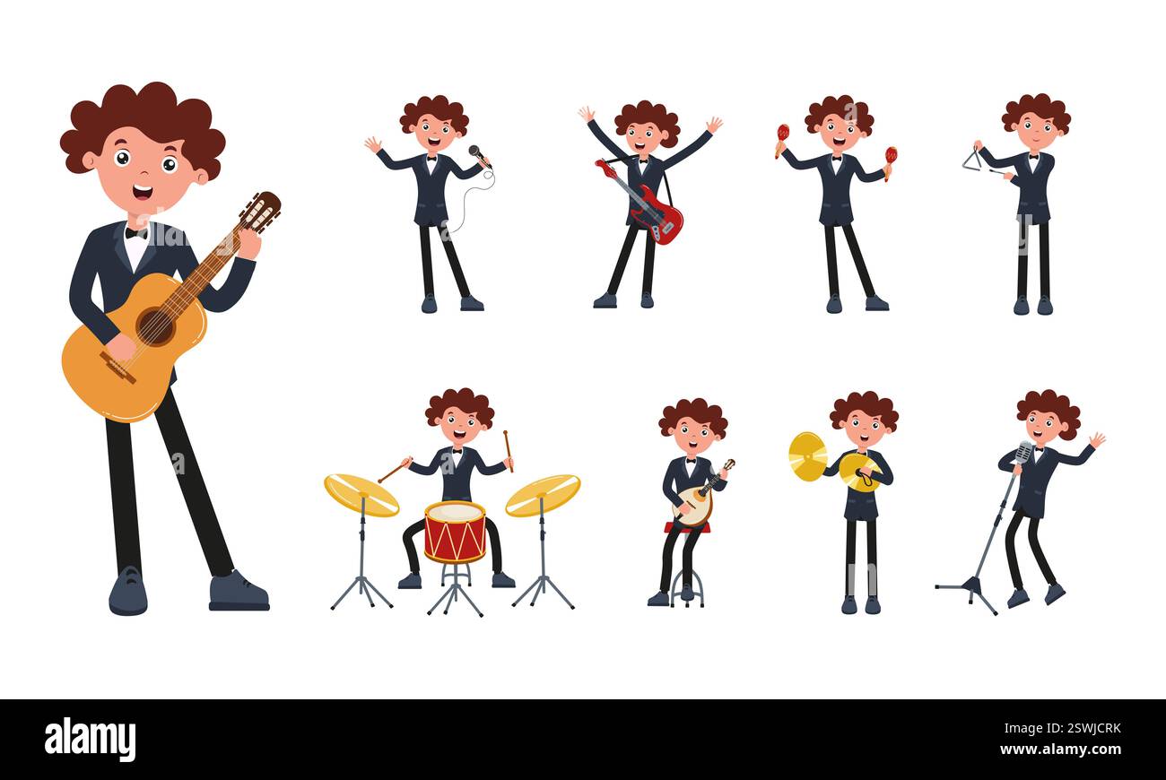 Young musician performs various instruments in vibrant animated style ...
