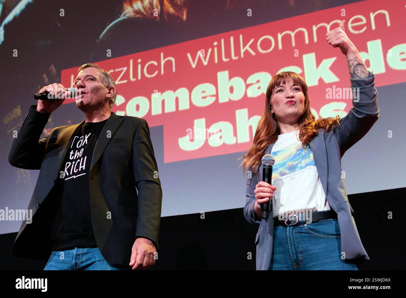 21 February 2025, Berlin: The leading candidates of the Left Party Jan ...