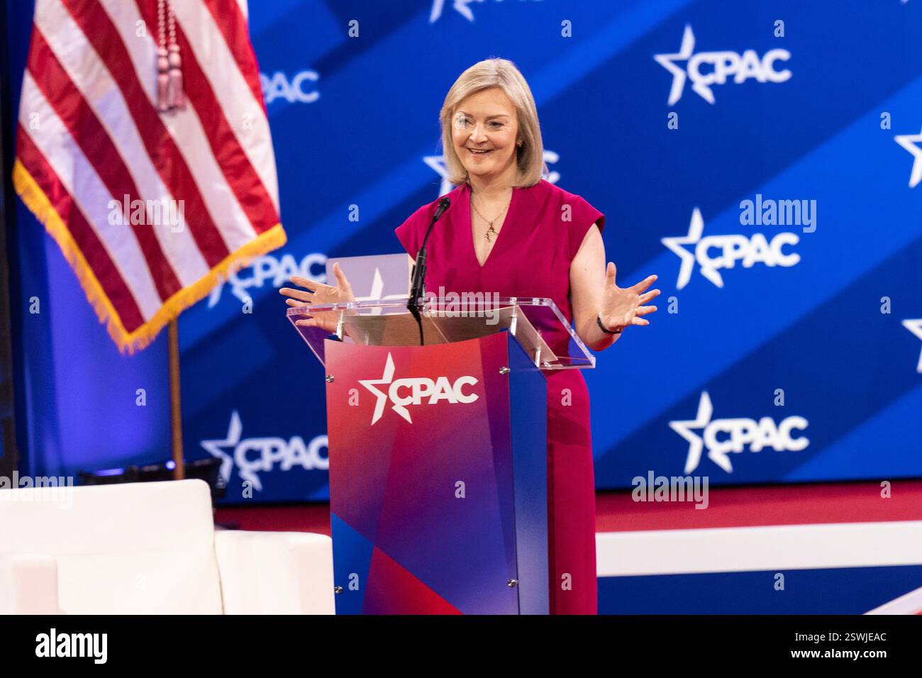 Liz Truss speaks during 2025 CPAC Conference Day 1 at Gaylord ...